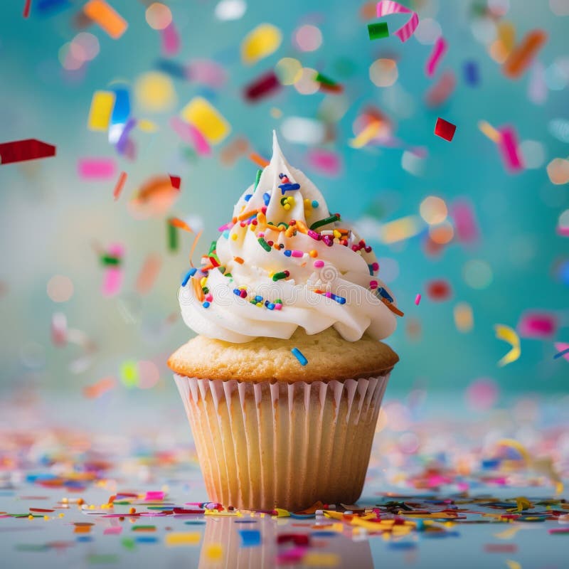 Sprinkled Cupcake with Confetti Falling on a Blue Background Stock ...