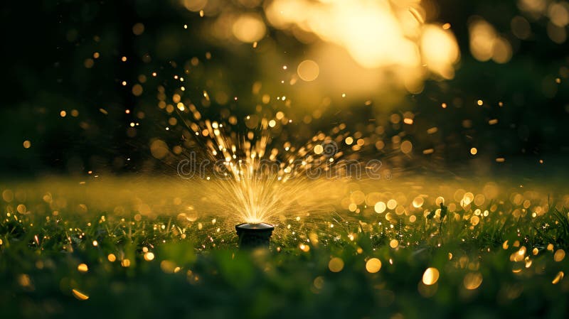 Sprinkler Casting a Golden Water Spray at Sunset, Creating a Sparkling ...