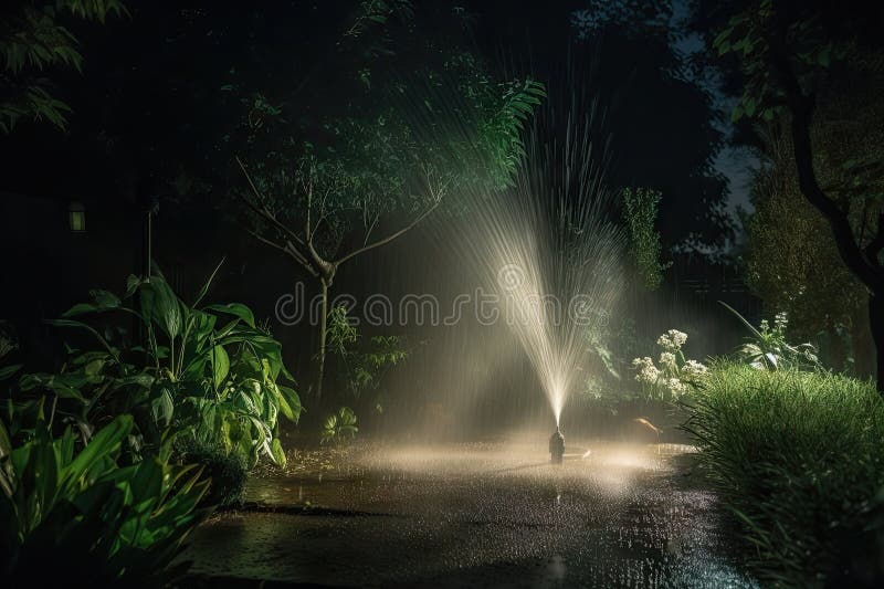 Sprinkler System Set on Timer, Watering Garden during the Night Stock ...