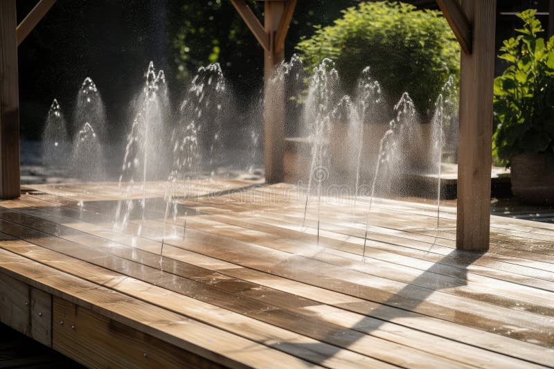 Sprinkler System, with Water Cascading Down the Steps of a Wooden Deck ...