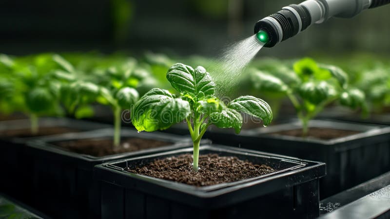 A Sprinkler Watering a Small Plant in a Greenhouse Stock Image - Image ...
