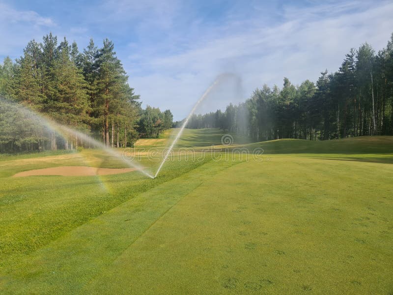 Sprinklers Watering System Working in Fairway and Sand Bunker of Green ...