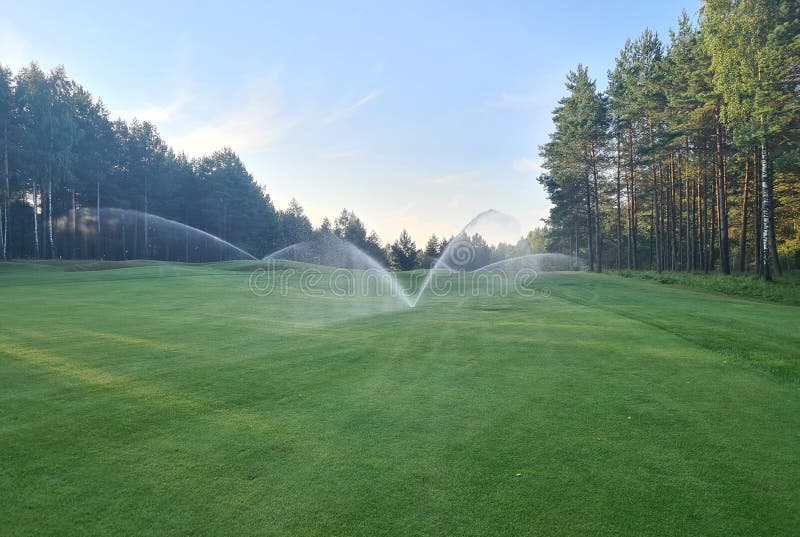 Sprinklers Watering System Working of Green Golf Course Stock Photo ...