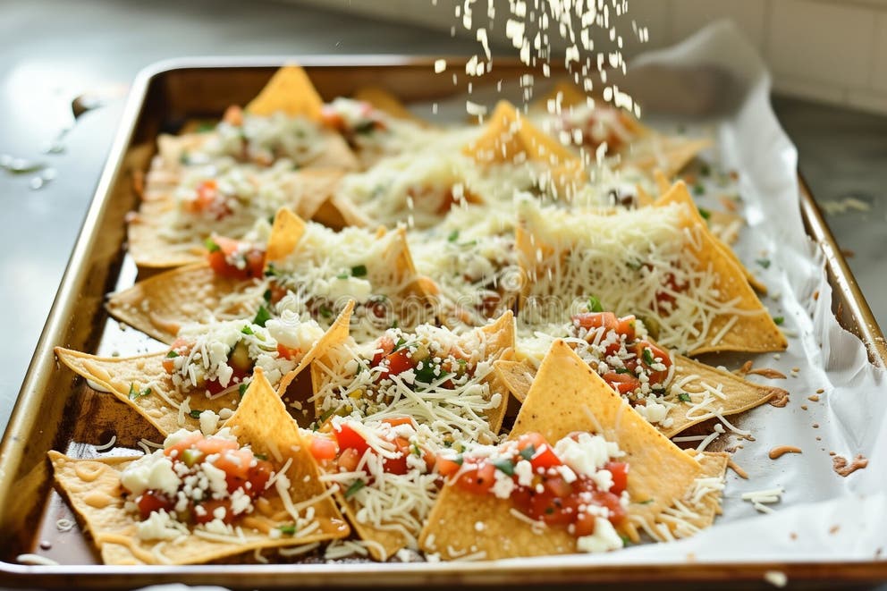 Sprinkling Cheese on Nachos on a Baking Sheet Stock Image - Image of ...