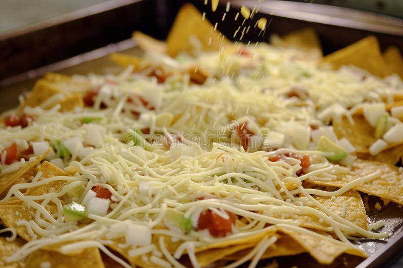 Sprinkling Cheese on Nachos on a Baking Sheet Stock Photo - Image of ...