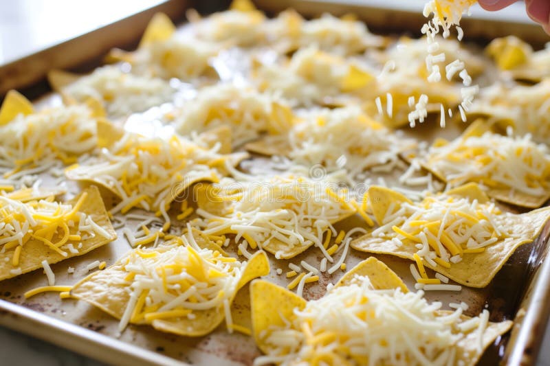 Sprinkling Cheese on Nachos on a Baking Sheet Stock Image - Image of ...