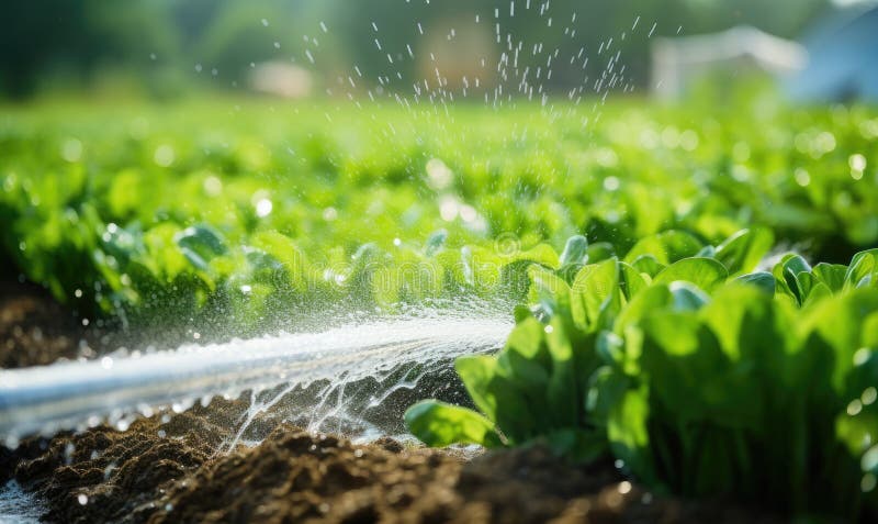 Sprinkling Water on a Lush Green Lettuce Field Stock Illustration ...