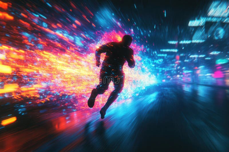 Sprinter Dashes through Neon Bursts in a Cyberpunk City, Creating a ...