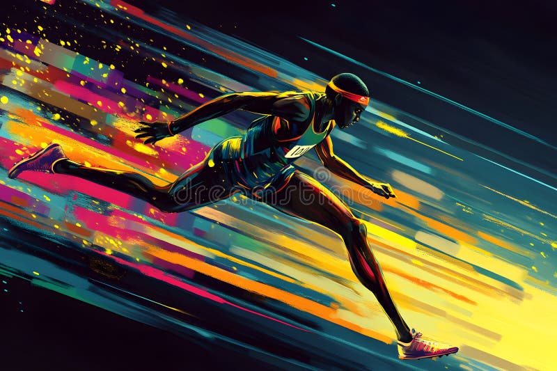 A Sprinter in Motion Against a Colorful Abstract Background Stock ...