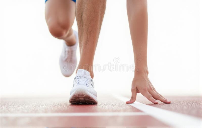 Sprinter Launching from Starting Line Isolated White Background ...
