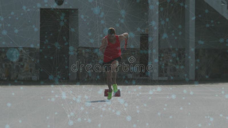 Sprinting Outdoors, Athlete with Network Connections Overlay in Dynamic ...