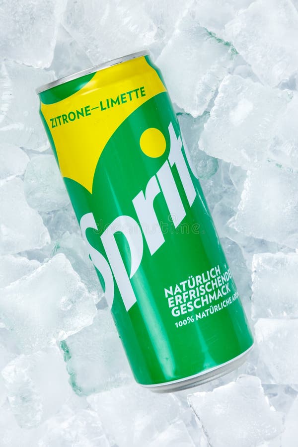 Sprite Lemonade Soft Drink in a Can on Ice Cubes Portrait Format ...