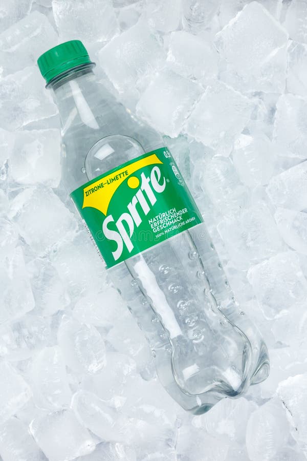 Sprite Lemonade Soft Drink in a Plastic Bottle on Ice Cubes Portrait ...