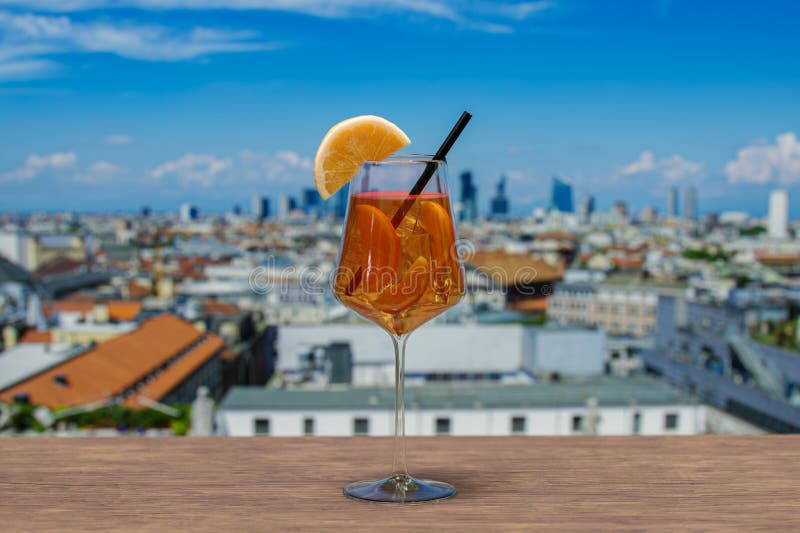 Spritz Cocktail on a Table with View of Milan, Italy Stock Photo ...