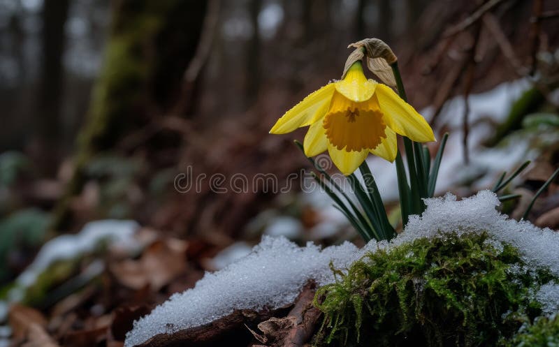 The Sprout Aims for the Sun, Emerging from Melted Snow in a Spring ...