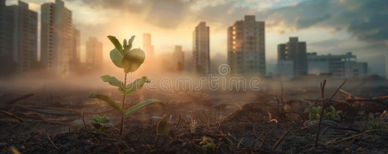 Sprout Emerging from Soil in Urban Setting at Sunrise, Environmental ...