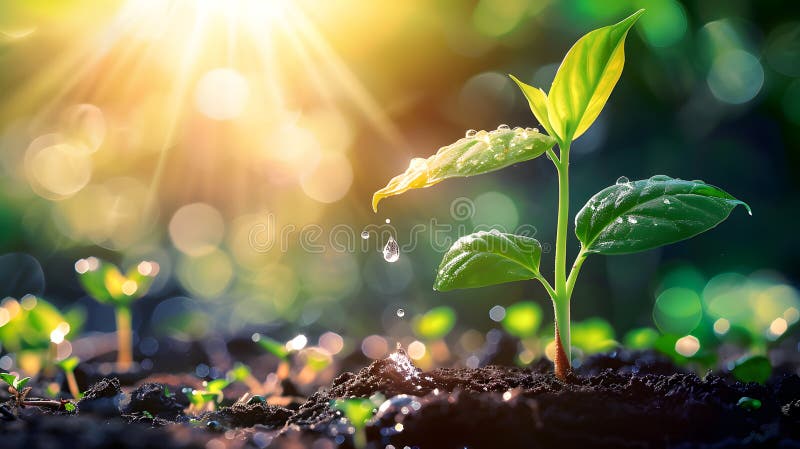A Sprout in the Ground with Drops of Water Stock Photo - Image of ...