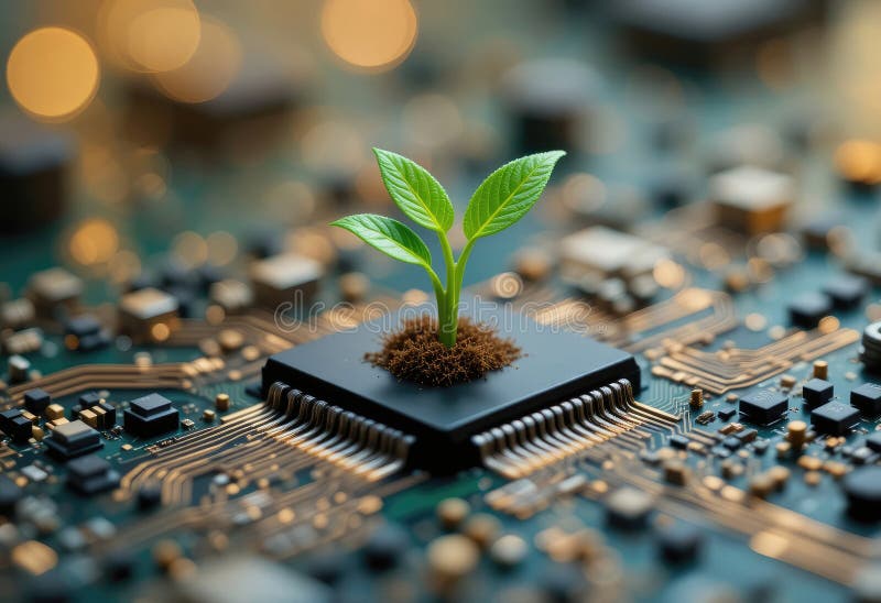 Sprout Growing from Computer Chip Representing Technology and Nature ...