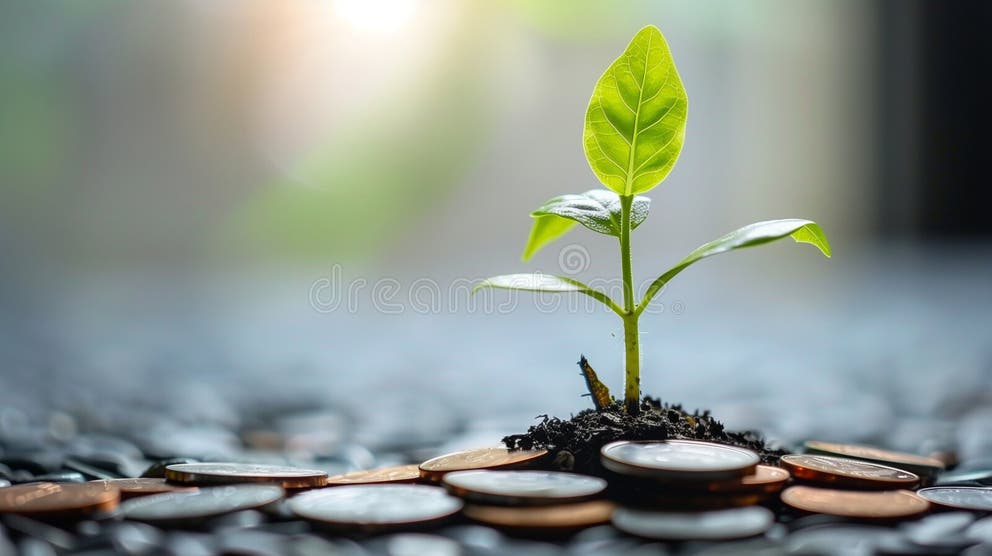 Sprout Growing from a Pile of Coins, Generative AI Stock Illustration ...