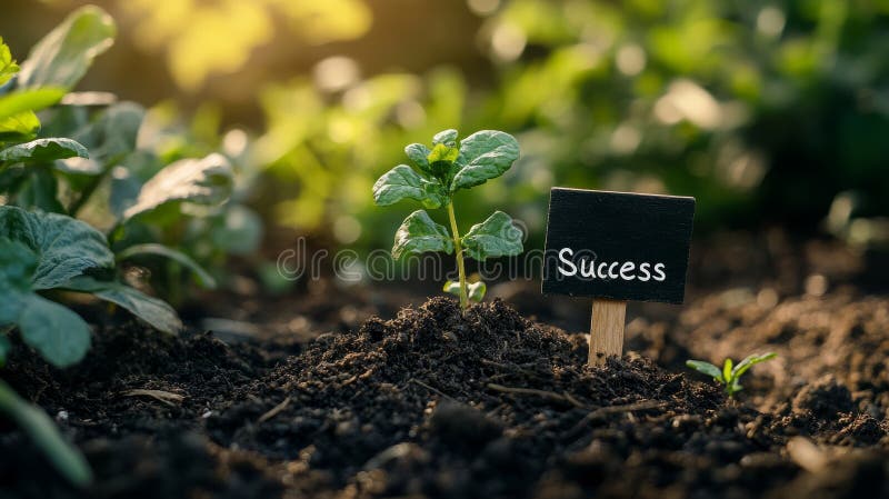 Sprout Growing in Soil with Success Sign. Stock Image - Image of ...