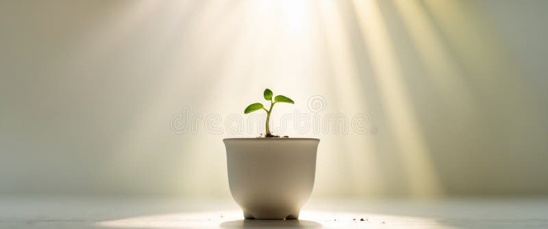 Sprout Grows in Pot with Light Shining on Background. Stock Image ...