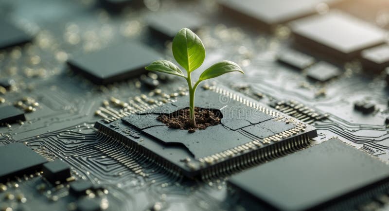 Sprout on a Microchip. a Symbol of Sustainable Technology and ...