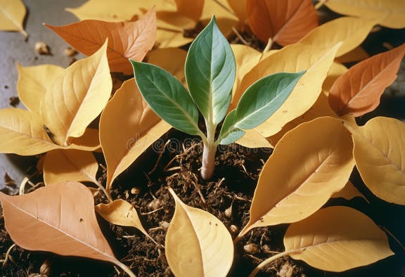 Sprout of a Plant Grows on Fall Leaves Stock Illustration ...