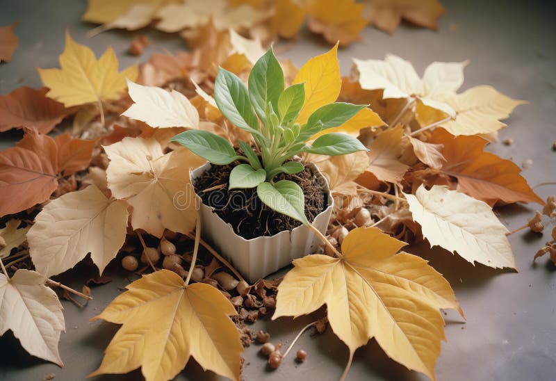 Sprout of a Plant Grows on Fall Leaves Stock Illustration ...