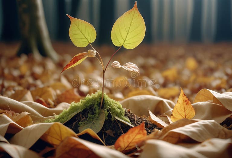 Sprout of a Plant Grows on Fall Leaves Stock Illustration ...