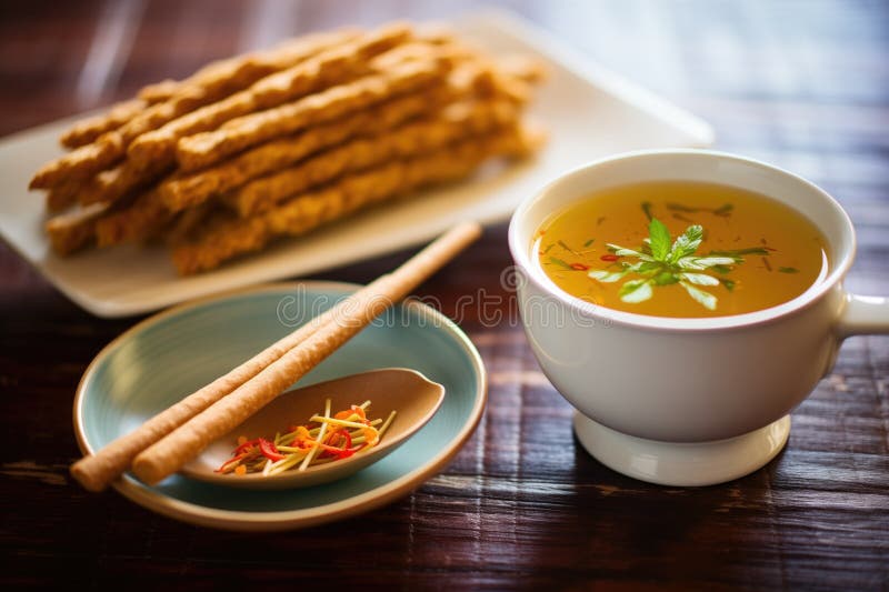 Sprouted Grain Bread Sticks Next To a Bowl of Soup Stock Illustration ...