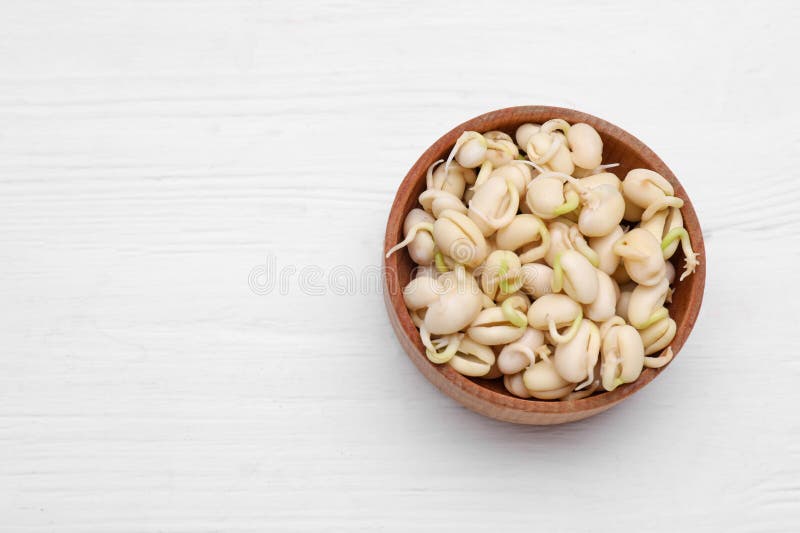 Sprouted Kidney Beans in Bowl on White Wooden Table, Top View. Space ...