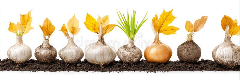 Sprouting Bulbs in Soil a Row of Various Bulbs Sprouting in Rich Soil ...