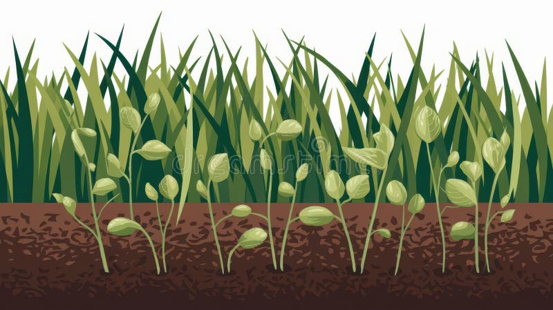 Sprouting Green Plants Emerging from Rich Soil among Blades of Grass ...