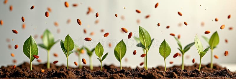 Sprouting Green Plants with Falling Seeds in Fertile Soil Stock Image ...