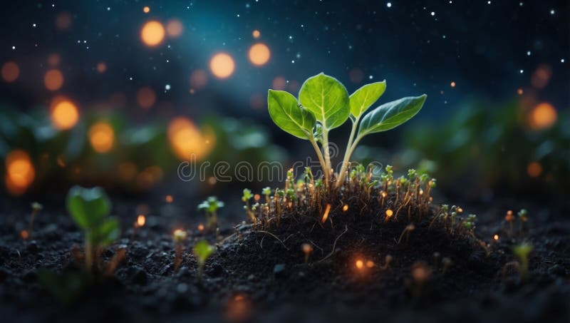 Sprouting Life Vibrant Seedling Double Exposure with a Starlit Night ...