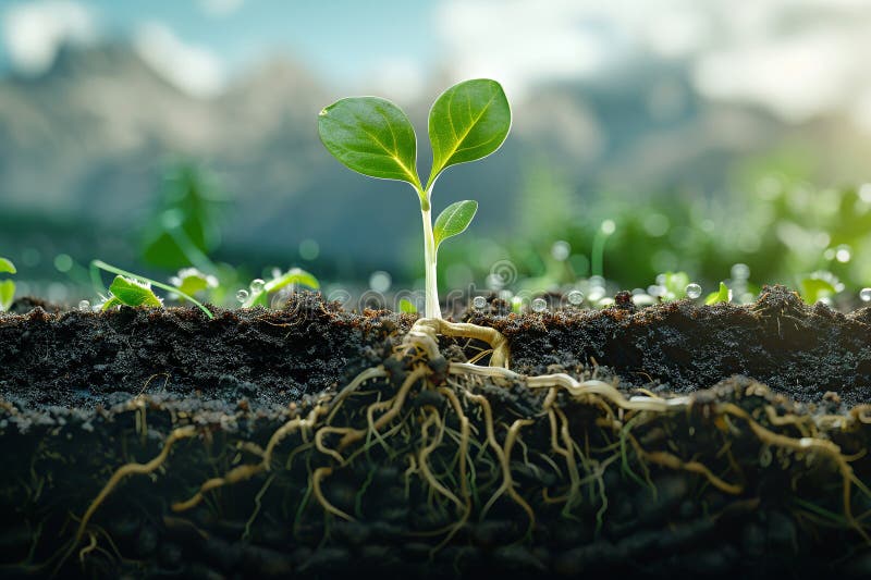 Sprouting Seed Roots in Soil, Sectional View, Wide Text Area ...