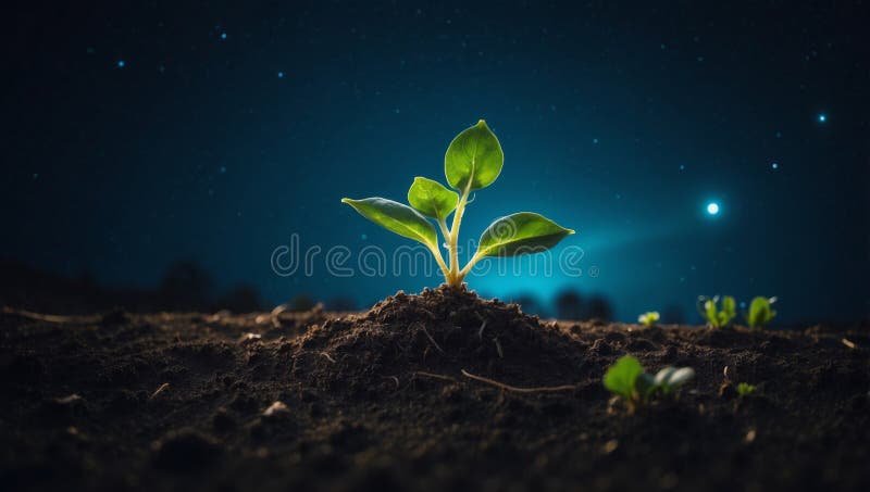 Sprouting Seedling in Vibrant Double Exposure Night Sky Silhouette ...