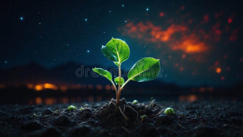 Sprouting Seedling in Vibrant Double Exposure Night Sky Silhouette ...