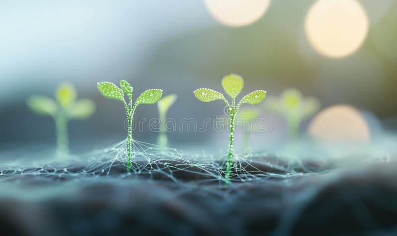 Sprouting Seedlings with Glowing Leaves and Intricate Root Systems in ...