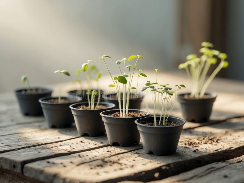 Sprouting Seeds in Black Pots on a Rustic Table Stock Image - Image of ...