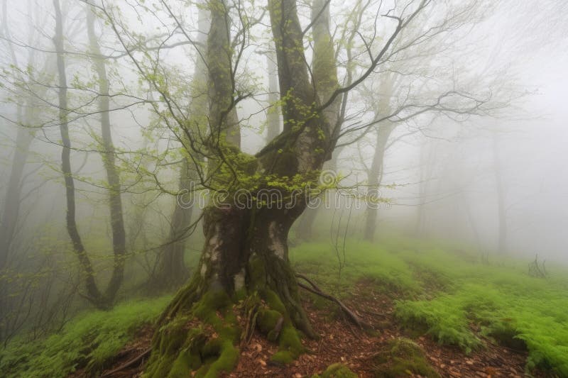 Sprouting Tree in a Misty Forest with Towering Trees Stock Photo ...