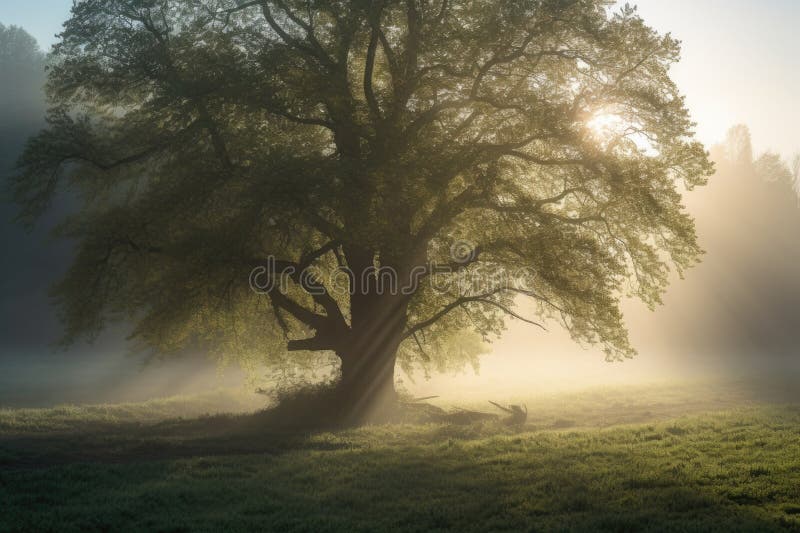 Sprouting Tree in the Morning Mist, with Rays of Sunlight Breaking ...