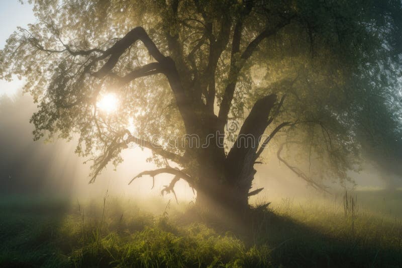 Sprouting Tree in the Morning Mist, with Rays of Sunlight Breaking ...