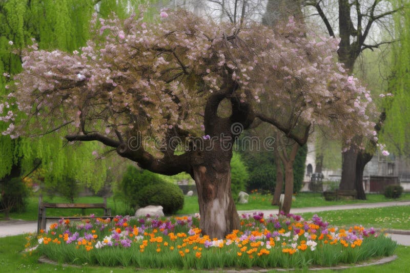 Sprouting Tree in Park, Surrounded by Blooming Flowers and Birds Stock ...