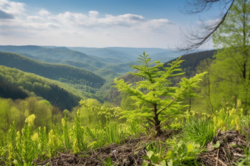 Sprouting Tree Sprouts in Forest Setting, with View of Rolling Hills ...