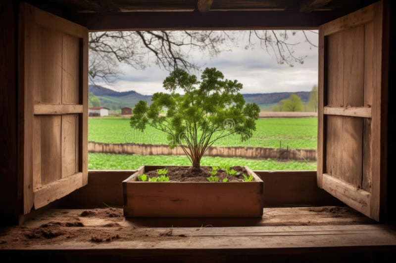 Sprouting Tree in Wooden Crate, with View of a Farm Stock Illustration ...