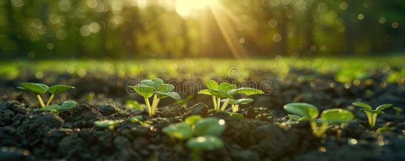 Sprouts in the Spring Field. Agriculture Banner. Sprouting Seeds from a ...