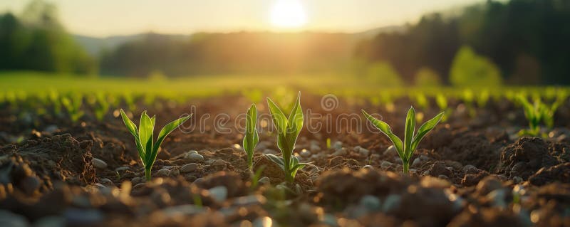 Sprouts in the Spring Field. Agriculture Banner. Sprouting Seeds from a ...