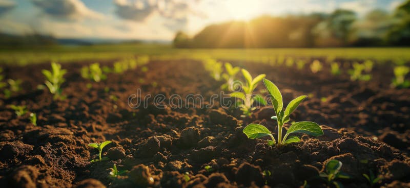 Sprouts in the Spring Field. Agriculture Banner. Sprouting Seeds from a ...