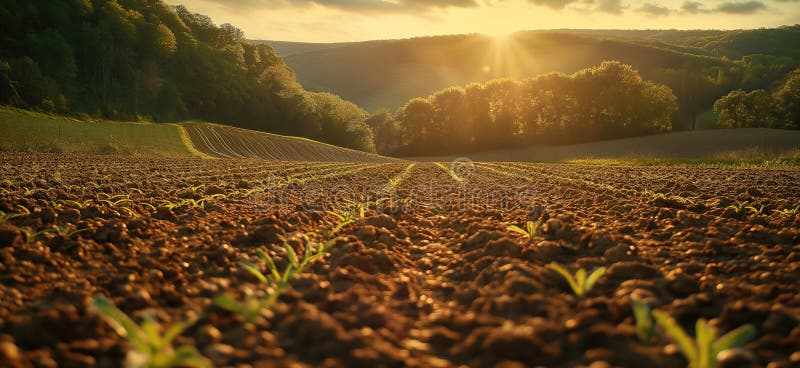 Sprouts in the Spring Field. Agriculture Banner. Sprouting Seeds from a ...